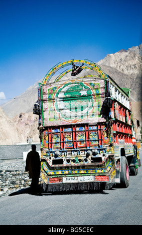 Colorful Pakistani truck art with flag flowers peacock on bus side ...