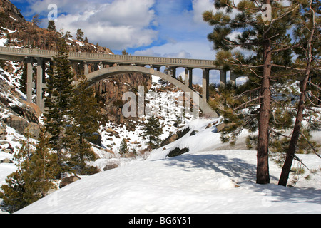 Donner Pass Road Bridge with snow, part of historic route US Hwy 40 ...