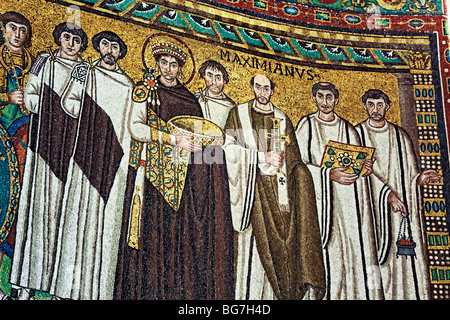 Byzantine mosaic of Emperor Justinian and his retinue. Mosaic from ...