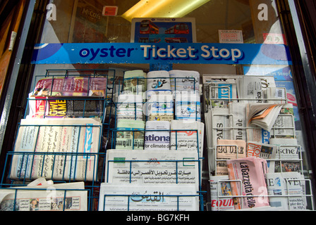 Oyster Ticket Stop sign in newsagent window London England Stock Photo ...