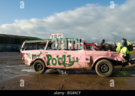 smashed up Volvo estate car after a banger race Stock Photo - Alamy