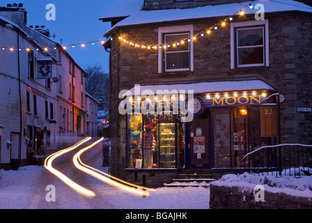 Ambleside in winters snow at dusk from Todd crag, Lake District, UK ...
