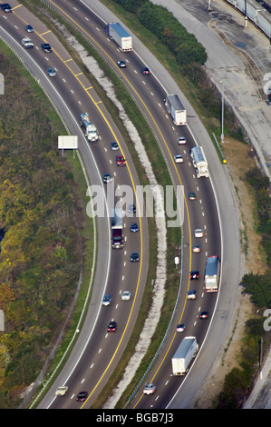 Aerial view of busy American highway road under construction ...