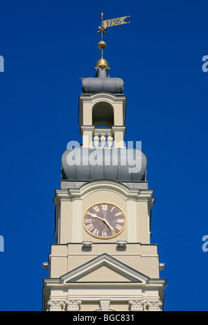 The clock tower of Riga City Hall in Riga, Latvia. Historic ...