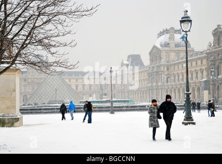 Paris, France, Winter Snow Storm, Pyramid at the Louvre Museum Building ...