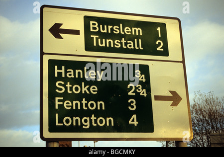 Metal Road Sign Showing The Six Towns Of The City Of Stoke-on-Trent ...