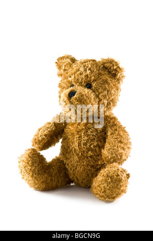 cute brown teddy bear isolated on white background, sitting back and ...