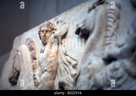 Details of the frieze from the interior of the Parthenon known as the Elgin Marbles on display ...