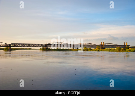 Railway bridge with twin towers over Wisla River at Tczew, Pomerania ...