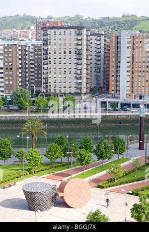 A vertical aerial view of the city of Bilbao in the Basque Country ...