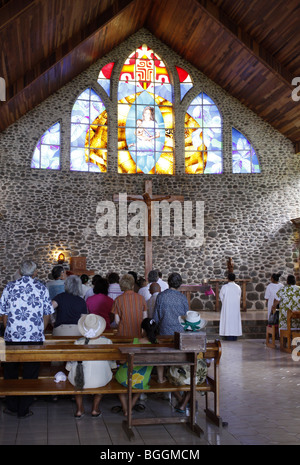 French Polynesia, Tahuata Island: Church of Vaitahu and traditional ...
