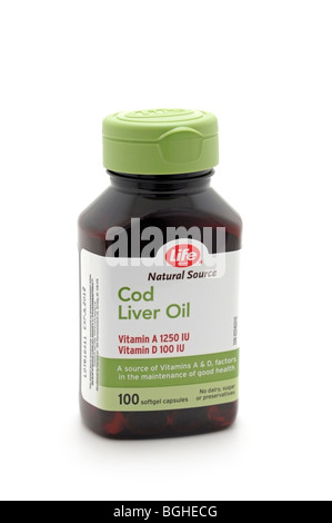 A bottle of Cod Liver Oil tablets rich in omega 3 against a white ...