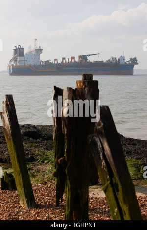 Cargo Container Ship Stumps of old piers Stock Photo - Alamy