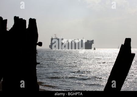 Cargo Container Ship Stumps of old piers Stock Photo - Alamy