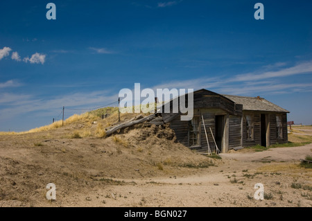 Exterior of sod house used by the pioneer farmers of South Dakota in ...