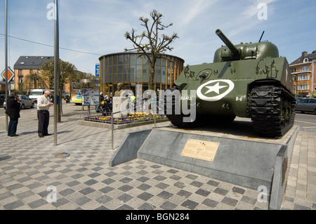 A Sherman tank and the General McAuliffe memorial pictured on the ...