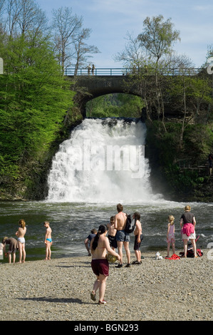 Tourists at the river Amblève and the waterfalls of Coo, Stavelot ...