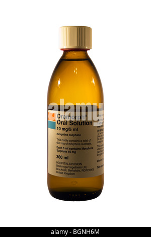 A bottle of Oramorph oral solution morphine sulfate on a white ...