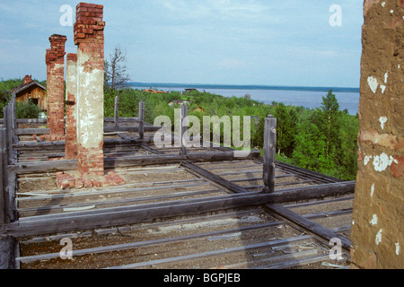 Ground level view of the deserted Stalin era gulag buildings from the ...