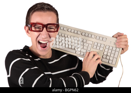 A typical nerd holding a keyboard. All isolated on white background ...