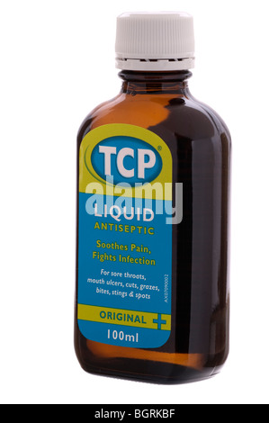 TCP Antiseptic liquid bottle isolated on white. Phenol solution used to ...