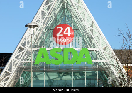 Front entrance and sign at main entrance of an ASDA retail supermarket ...