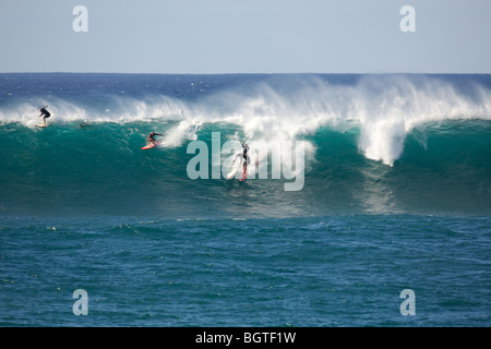 Two surfers collide on a large wave at Waimea Bay, Oahu, Hawaii Stock ...