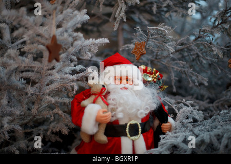 Santa Claus in the winter forest with a bag of gifts for children Stock ...