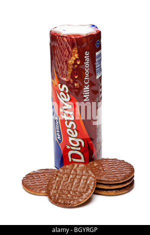 A packet of McVitie's milk chocolate Digestive biscuits on a white ...