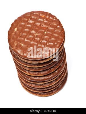 Stack of Chocolate Digestive biscuits isolated against white background ...