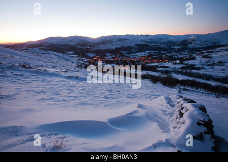 Ambleside in winters snow at dusk from Todd crag, Lake District, UK ...
