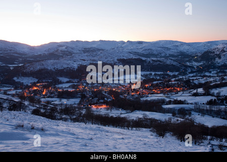 Ambleside in winters snow at dusk from Todd crag, Lake District, UK ...