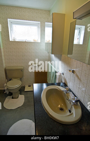 Interior of dated 1980s home bathroom with single sink and toilet Stock ...