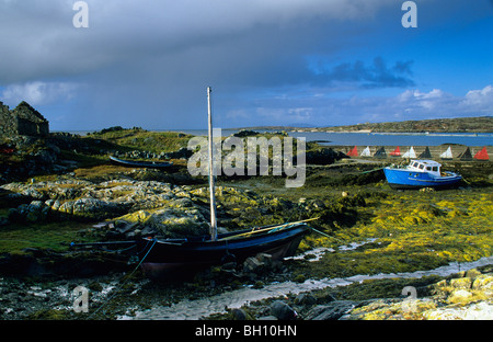 Coastal landscape with fishing boats, Lettermullan peninsula, Connemara ...