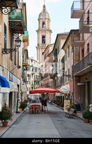 Aerial view of gulf of Tigullio with the marina and the town of Rapallo ...