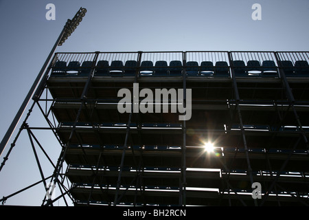 Temporary stadium seating made of scaffolding looking from below Stock ...