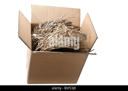 cardboard box full of shredded paper - packing box on white background ...