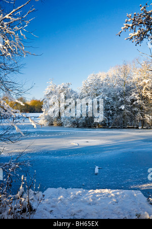 The frozen waters of a small lake known as Liden Lagoon in Swindon ...