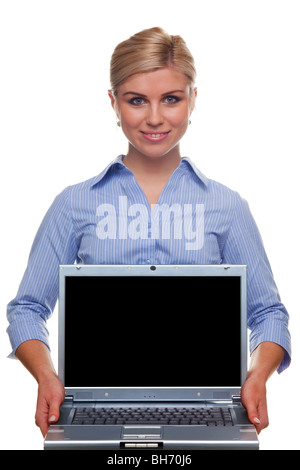 Young happy Woman holding a laptop Over white background Stock Photo ...