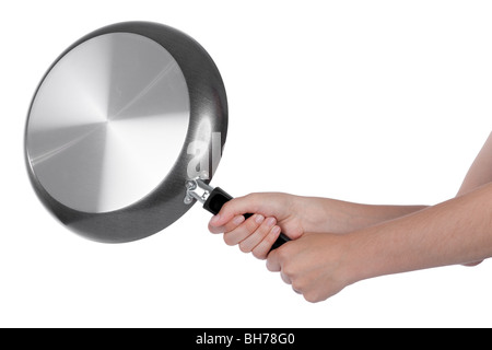 Woman beating with a frying pan isolated on white Stock Photo - Alamy