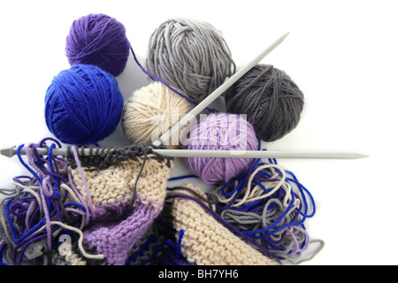 colorful knitting tools with wool thread balls Stock Photo - Alamy