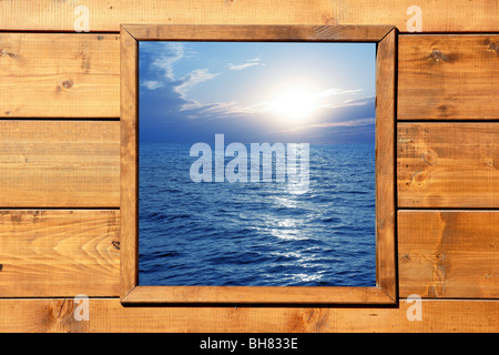 Window seascape view from wooden window and wall . white window frame ...