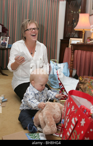 mother and son with christmas presents Stock Photo - Alamy