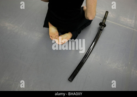 Dojo, fighting and sword with Samurai man in Japan for culture, martial ...