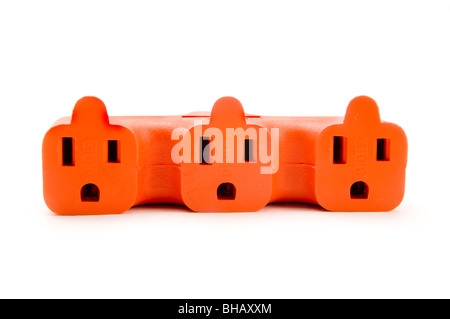 Orange 3 outlet grounded electrical plug adapter isolated on white ...