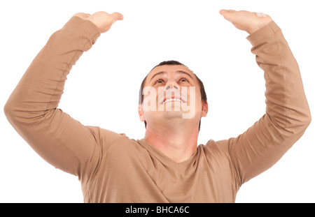 Man pushing to the sides of the image as if he is in a box Stock Photo ...
