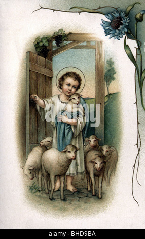 festivity, Easter, Christ Child with lamb and angels, postcard, 19th ...