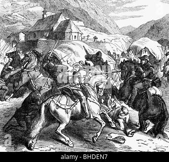 Middle Ages, knights, robber barons plundering a ship and a horse wagon ...