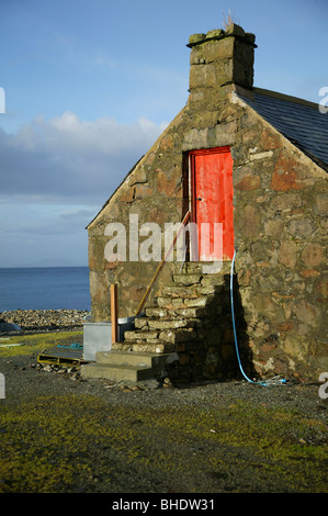 Door of a traditional hebridean cottage, Isle of Tiree, Inner Hebrides ...