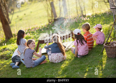 Children barbecueing sausages, Munsing, Bavaria, Germany Stock Photo ...